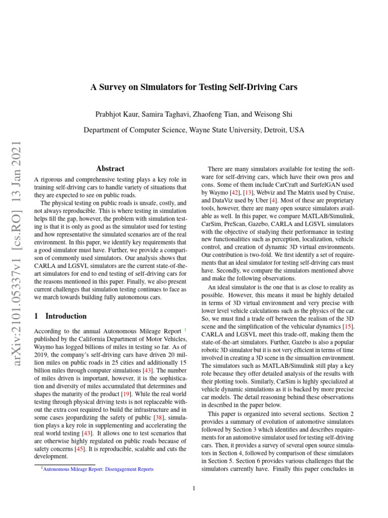 A Survey On Simulators For Testing Self Driving Cars Pdf Simulation 3 D Computer Graphics