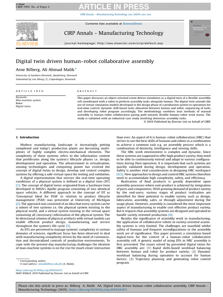 Dt Human Robot Collaborative Assembly Pdf Simulation Product Lifecycle