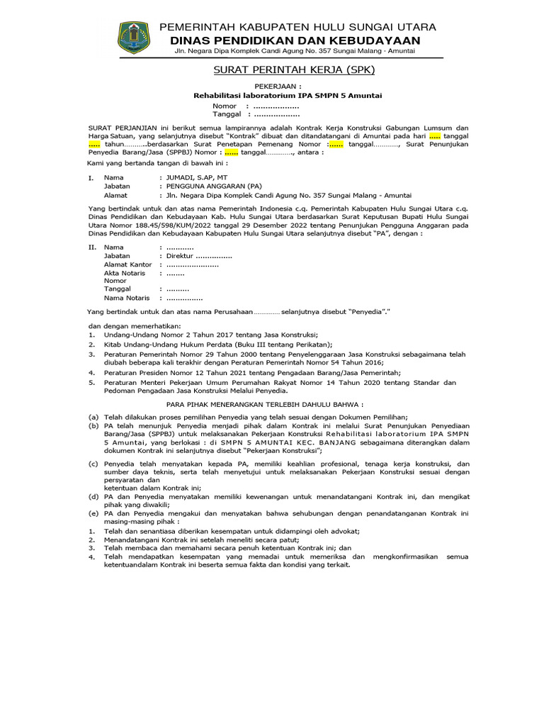 Surat Perjanjian - SPK | PDF