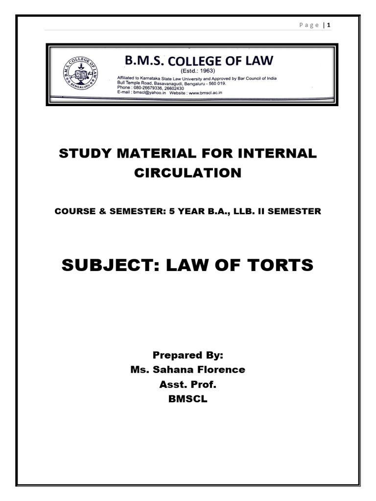 Law of Torts Unit-I Notes | PDF | Tort | Damages