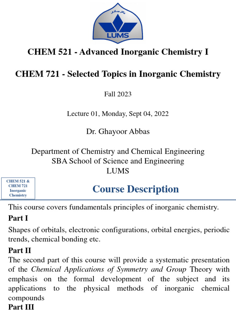 Lect 01 - CHEM 521 - 721 - F2023 | PDF