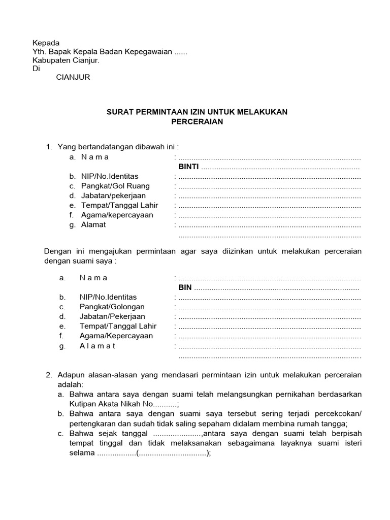 Contoh Permohonan Ijin Cerai | PDF