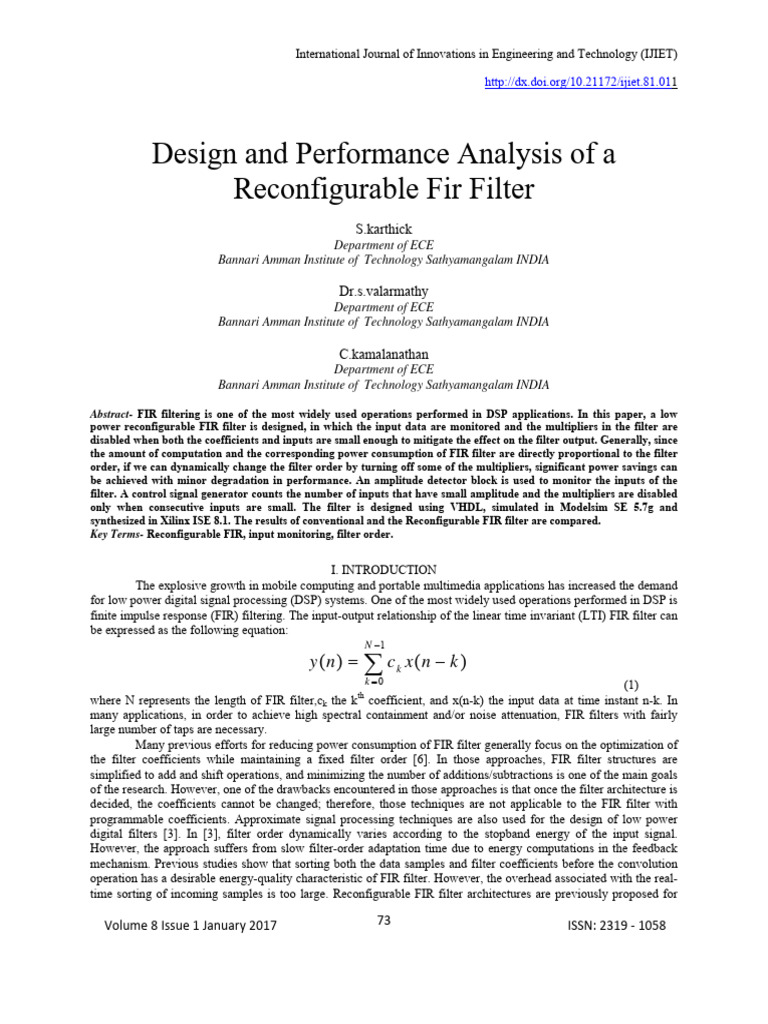 Design and Performance Analysis of A Reconfigurable Fir Filter | PDF ...