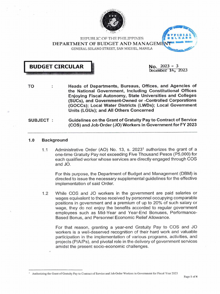 Budget Circular No 2023 3 December 14 2023 | PDF | Employment | Gratuity