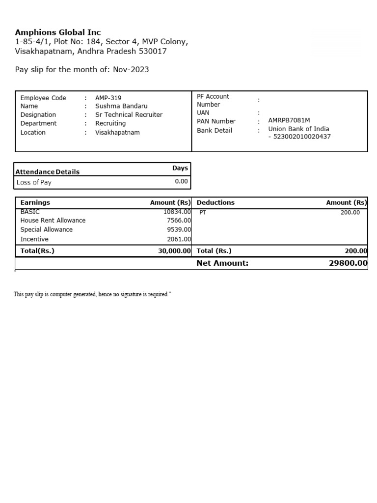 Pay Slip 2023 | PDF