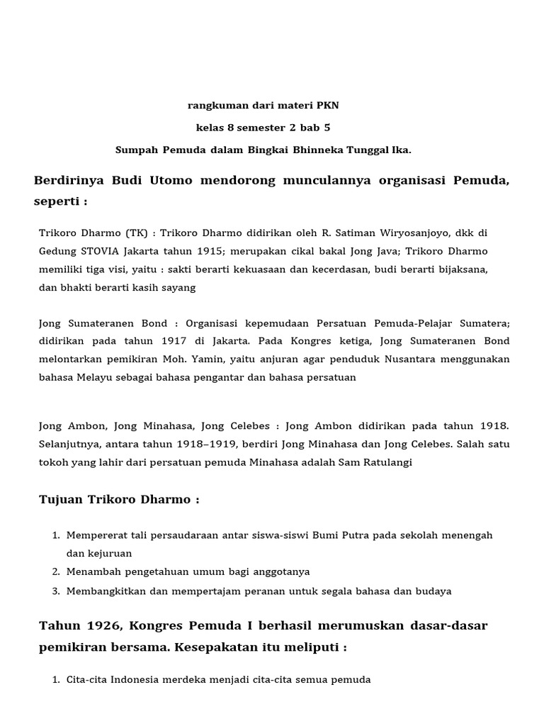 Materi PKN Kelas 8 Bab 5 Sumpah Pemuda Dalam Bingkai Bhinneka Tunggal Ika | PDF | Perjalanan