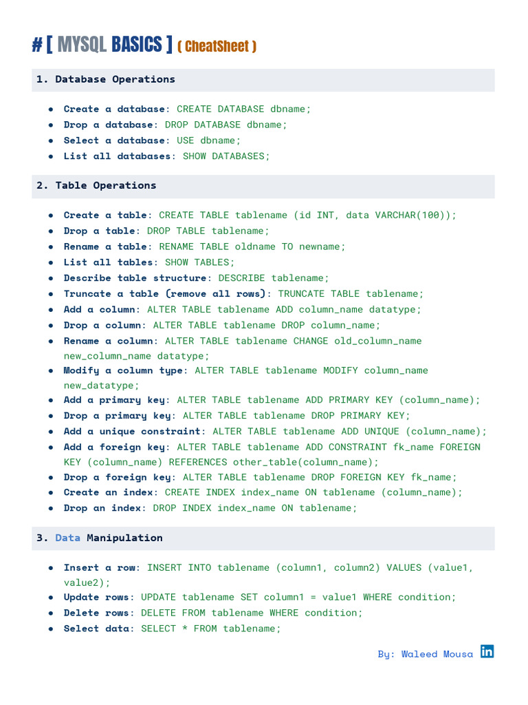 (MYSQL BASICS) - CheatSheet | PDF
