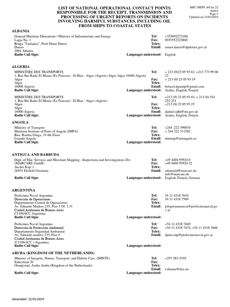 MSC MEPC.6 Circ.22 Annex As at 31 January 2024 | PDF | Water Transport