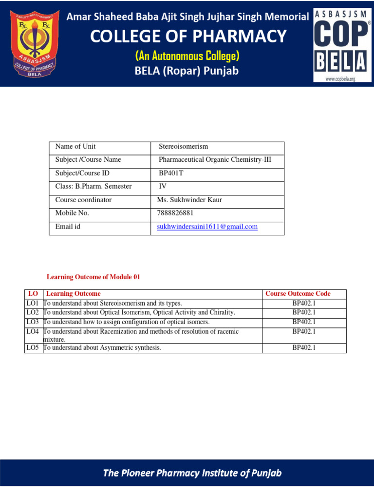 B Pharm Notes | PDF | Chirality (Chemistry) | Enantioselective Synthesis