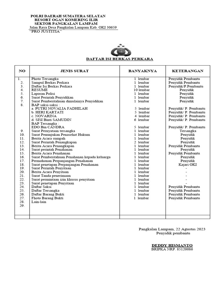 Daftar Isi Berkas Perkara | PDF
