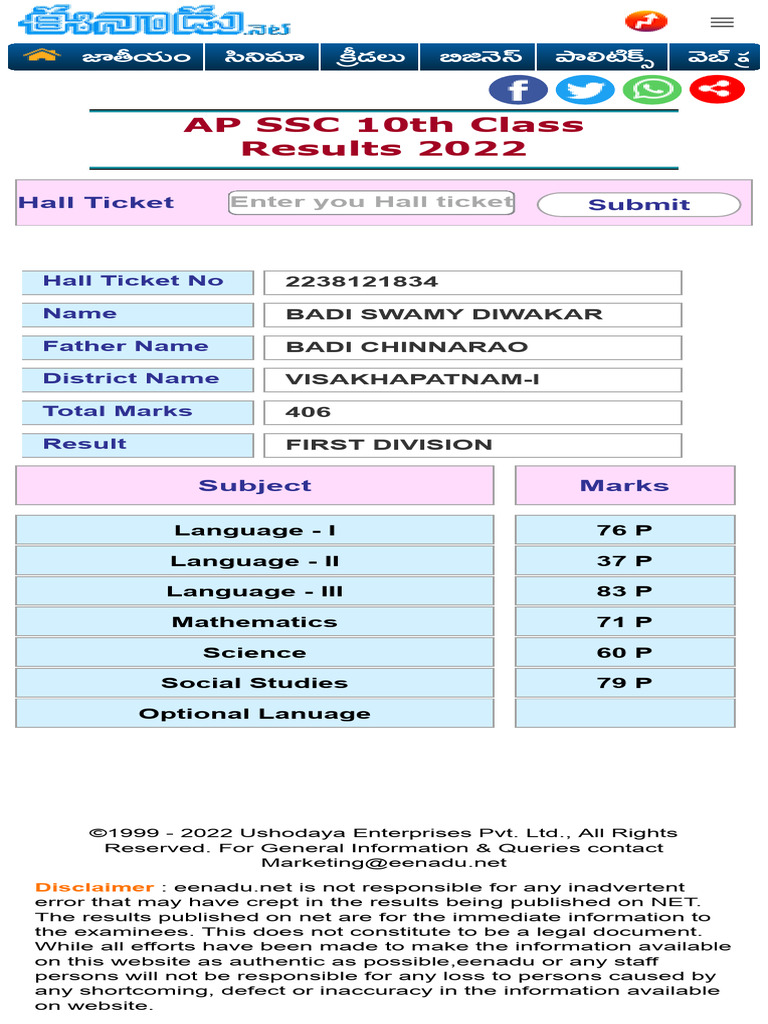 Ap SSC Results 2022 Ap 10th Results 2022 Ap Tenth Results 2022 10th Class Results 2022 - Eenadu ...