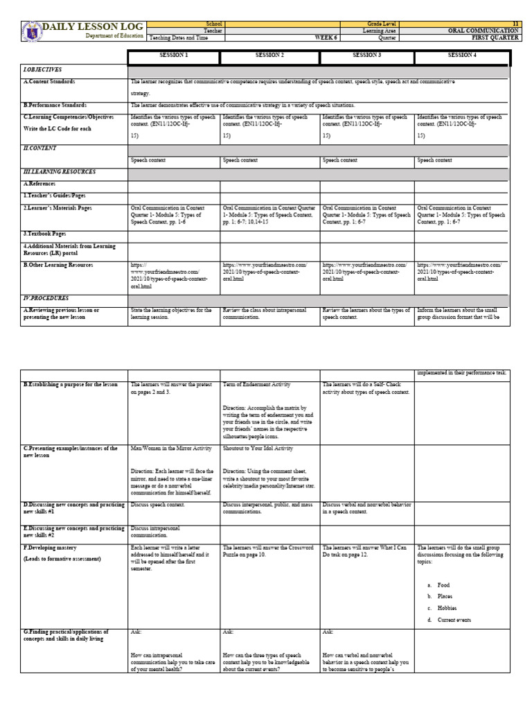 Daily Lesson Log: Department of Education | PDF | Learning | Communication