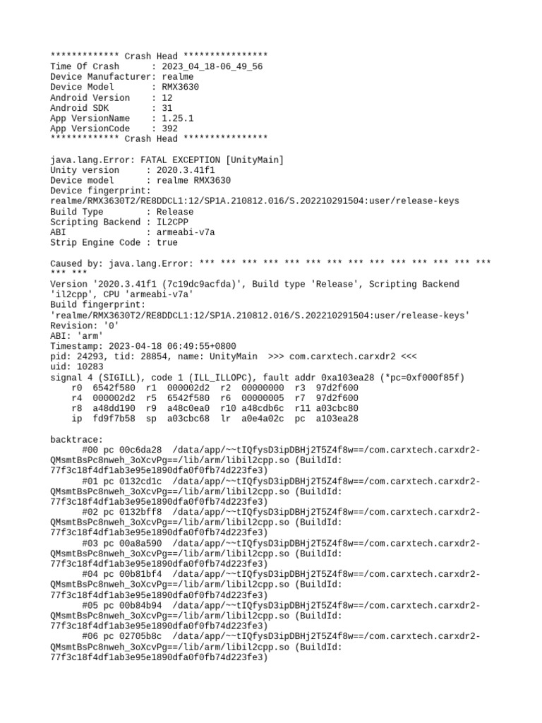 Unity Crash Report for realme RMX3630 | PDF | Android (Operating System) | System Software