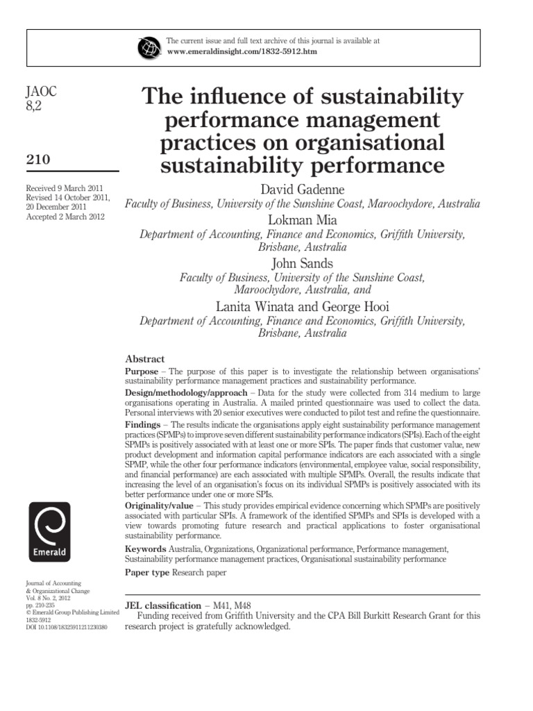 Q (2012) The Influence of Sustainability Performance Management Practices On Organisational ...