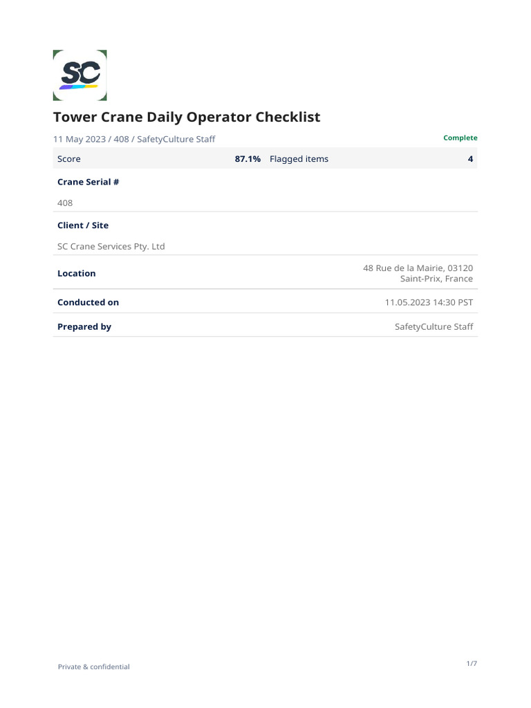Crane Safety Checklist Sample Report | PDF