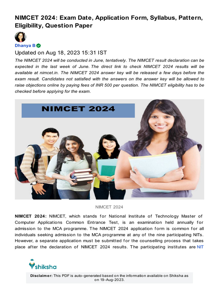 NIMCET 2024 Details | PDF | Finance & Money Management