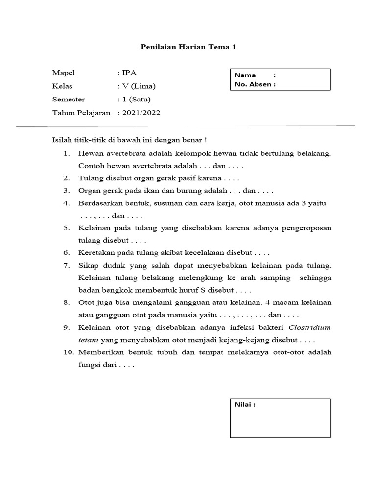 Contoh Ulangan Harian Tema 1 - IPA | PDF