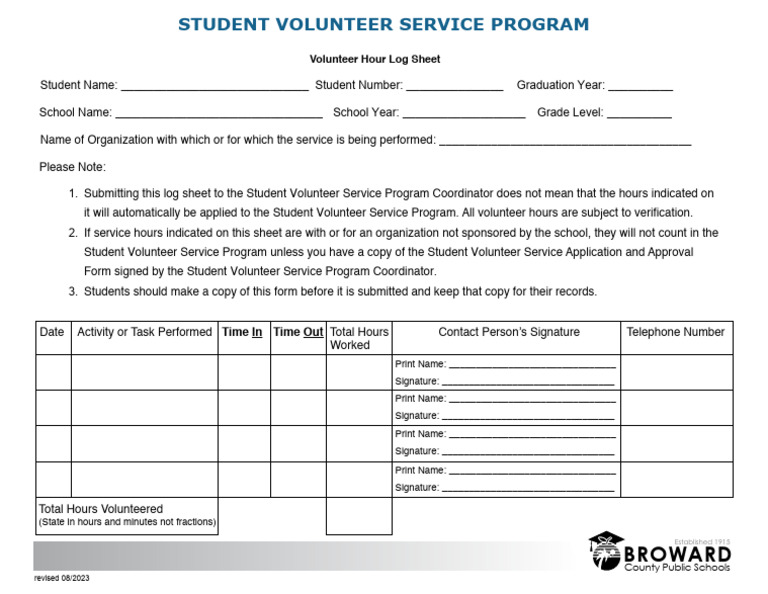 Broward Student Volunteer Hours Log | PDF | Career & Growth
