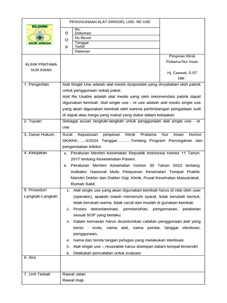 Sop Penggunaan Alat Single Use | PDF