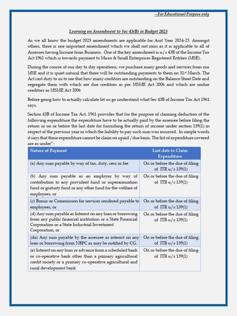 Note On 43B Amendment | Download Free PDF | Expense | Small And Medium ...
