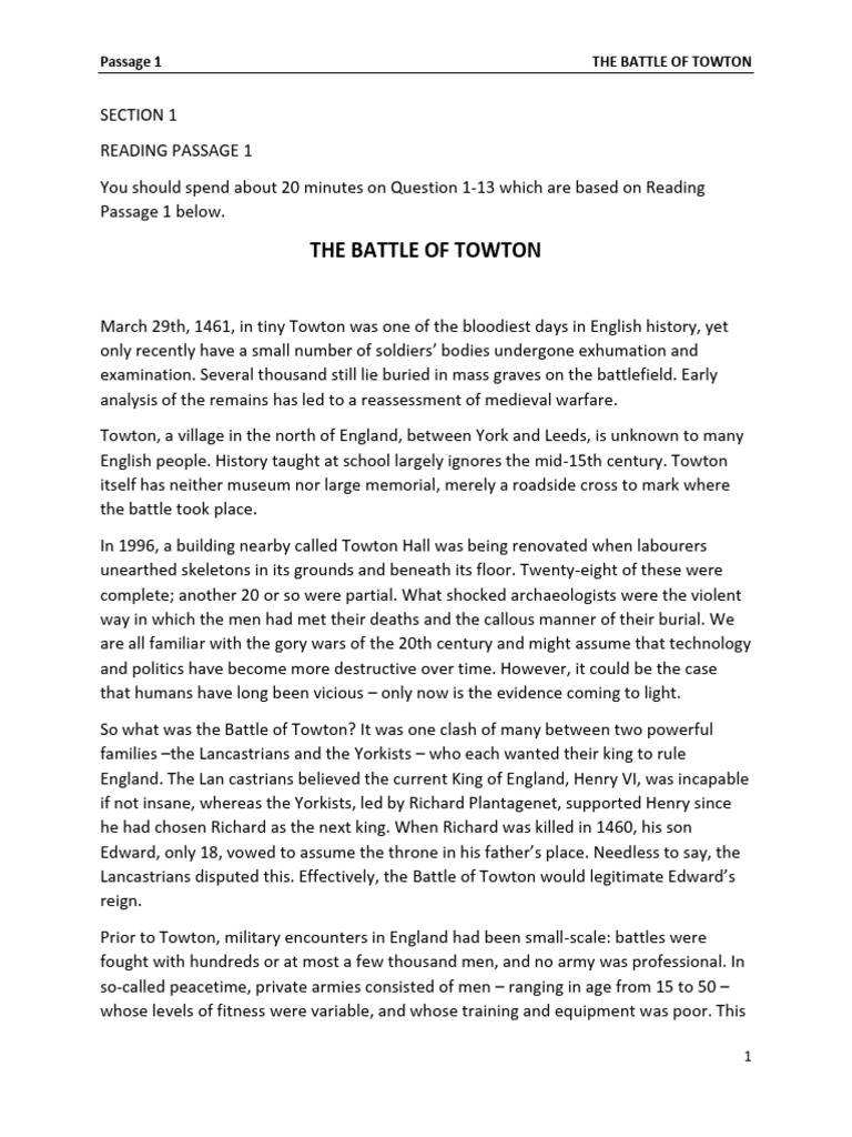70 Passage 1 - The Battle of Towton q1-13 | PDF