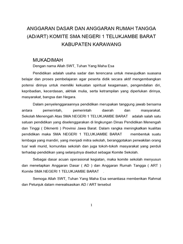 AD-ART KOMITE SMAN 1 Telukjambe Barat Oke | PDF AD-ART KOMITE SMAN 1 Telukjambe Barat Oke | PDF