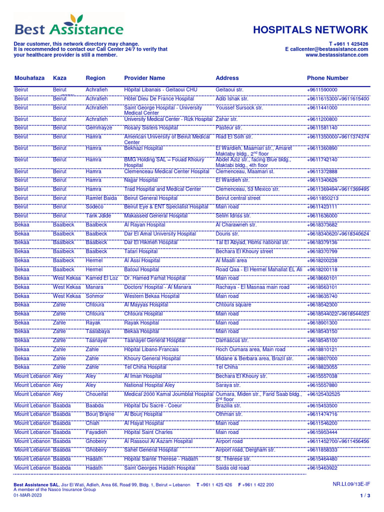 Hospitals Network | PDF | Lebanon | Beirut