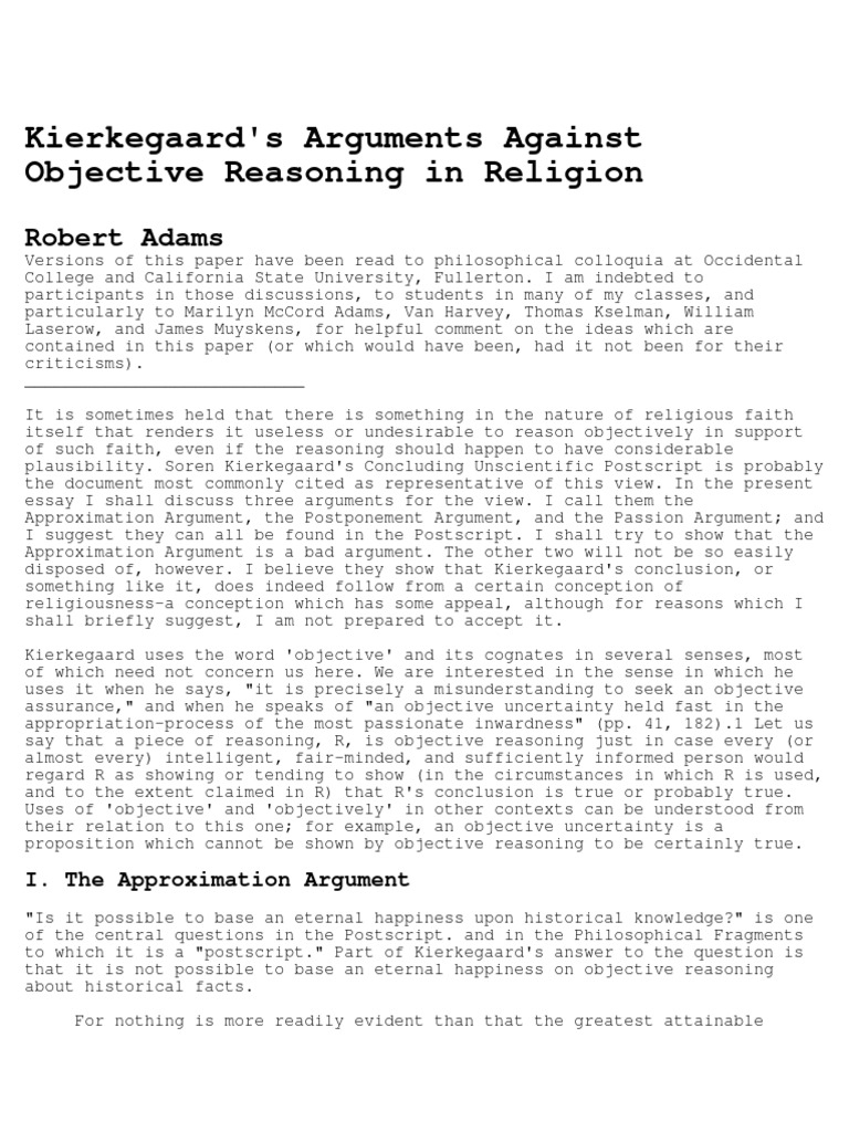 Adames Kierkegaard Arguments Against | PDF | Søren Kierkegaard | Faith Adames Kierkegaard Arguments Against | PDF | Søren Kierkegaard | Faith