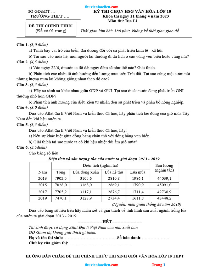 De Thi HSG Dia Li 10 Cap Truong 22 23 | PDF