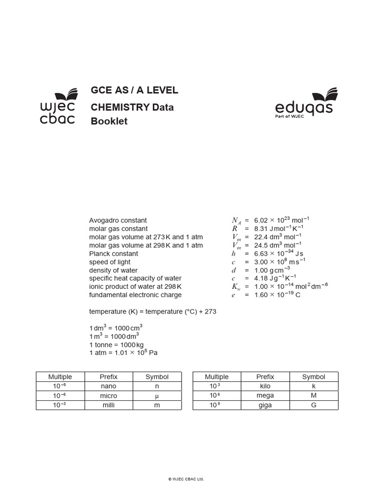 Eduqas Chemistry Data Booklet | PDF Eduqas Chemistry Data Booklet | PDF