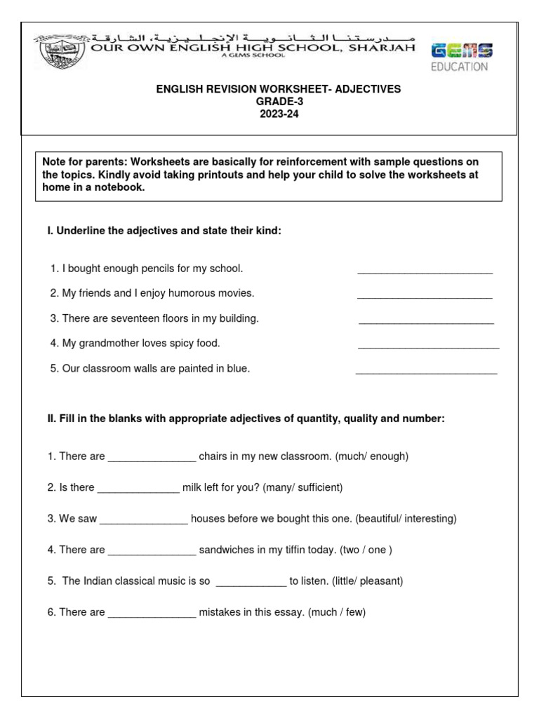 Grade 3 Adjectives Revision Worksheet 2023-24 | PDF | Syntax ...