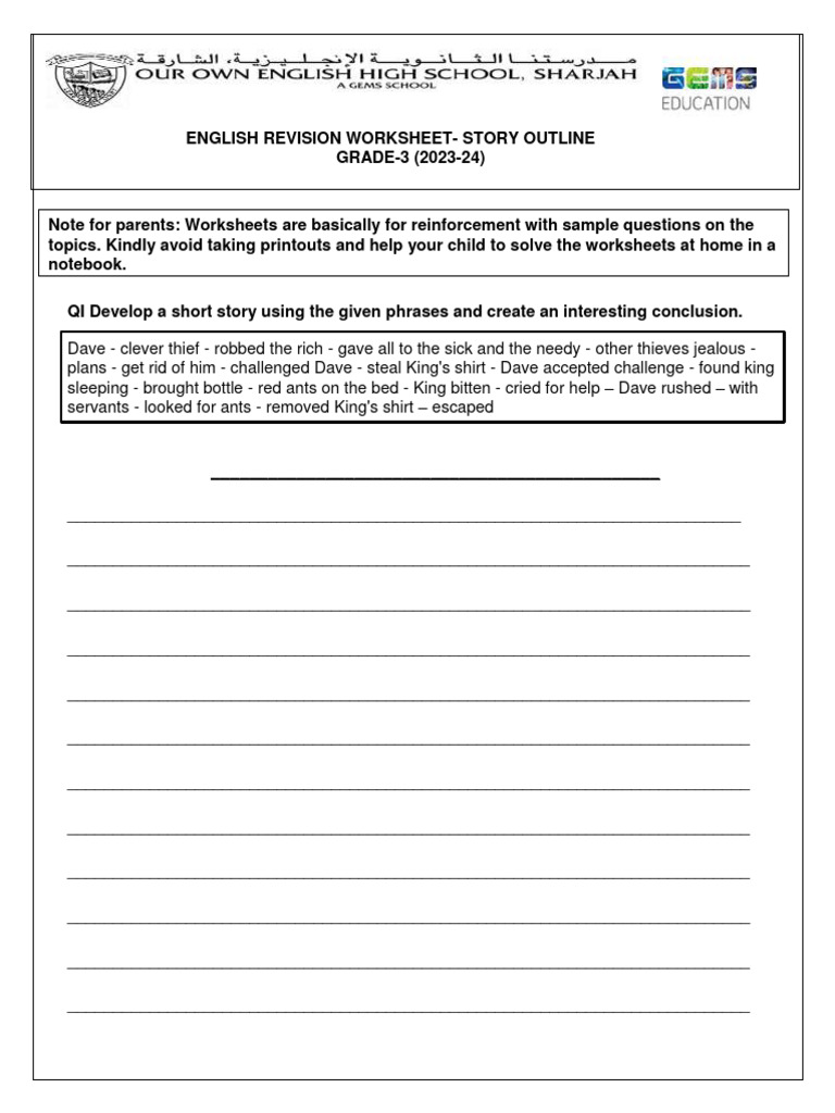 Grade3 Story Outline Revision Worksheet-2023-24 | PDF