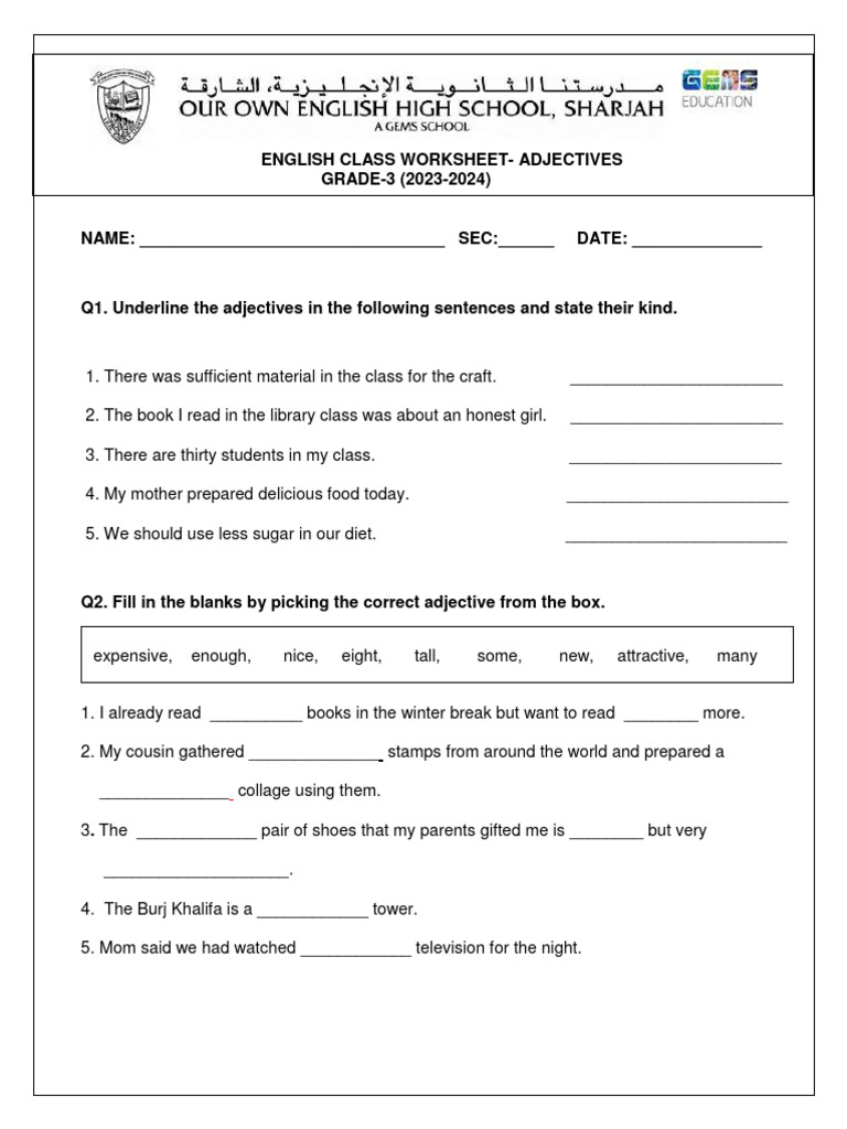 Grade 3 Adjective Class Worksheet 2023-24 | PDF | Adjective | Linguistics