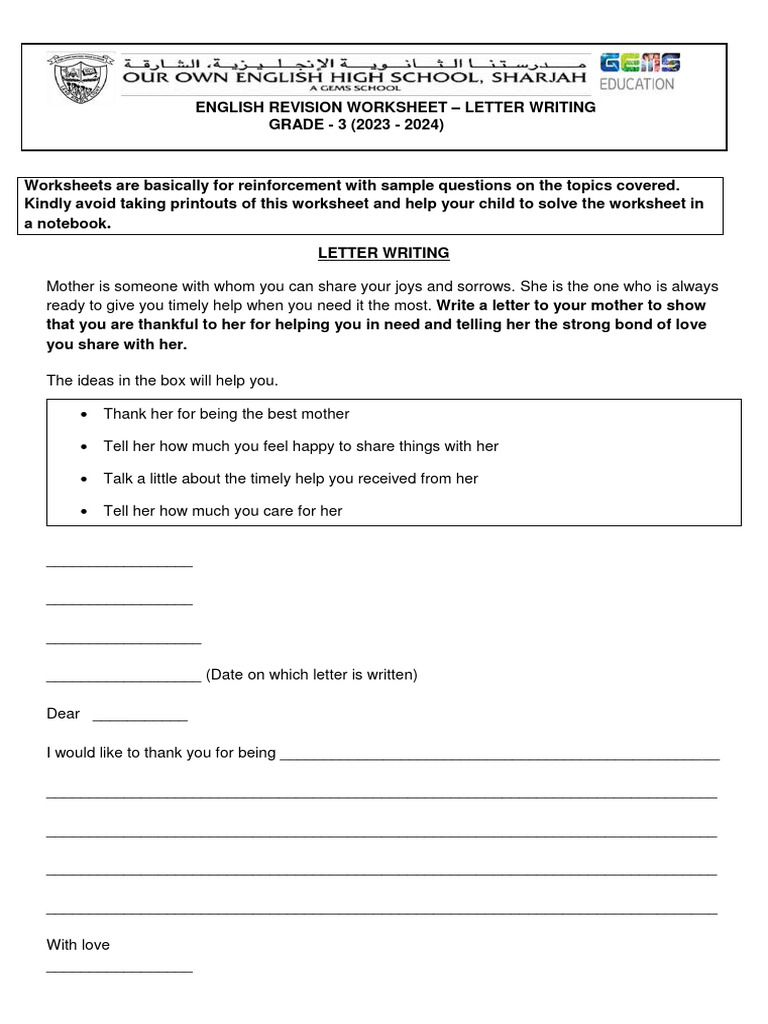 Grade 3 English Letter Writing Revision Worksheet 2023-24 | PDF