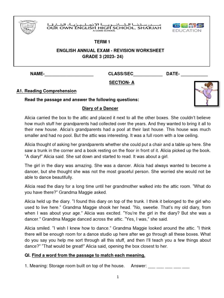 Grade 3 - English - Annual Exam Class Revision Worksheet - 2023-24 | PDF