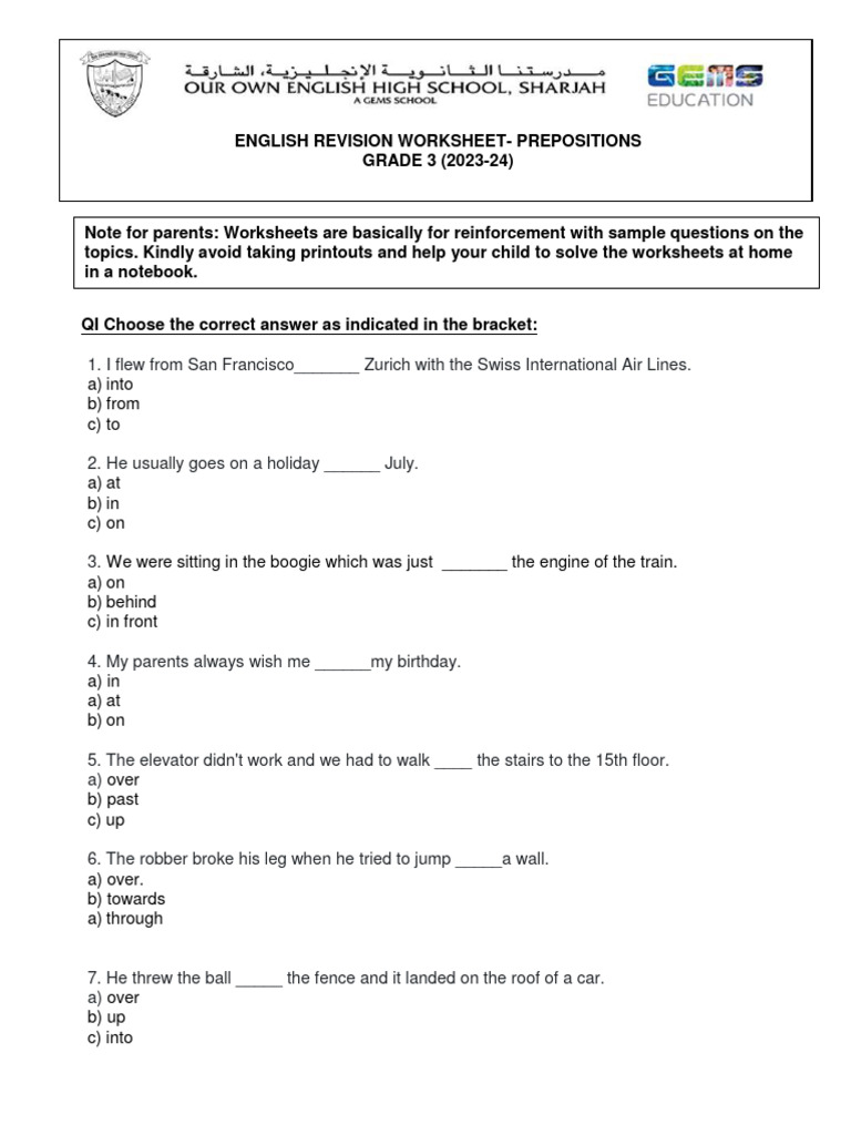 Grade 3 - Preposition Revision Worksheet - 2023-24 | Download Free PDF ...