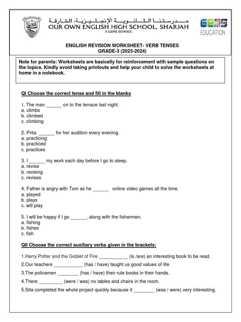 Grade 3 Verb Tenses Worksheet | PDF
