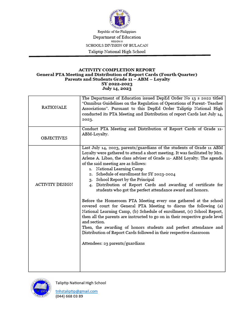 ACR-PTA MEETING AND DIS-11 Abm 4th QRTR | PDF
