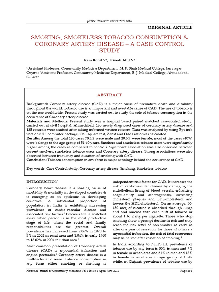 Smoking, Smokeless Tobacco Consumption & Coronary Artery Disease - A Case Control Study | PDF ...