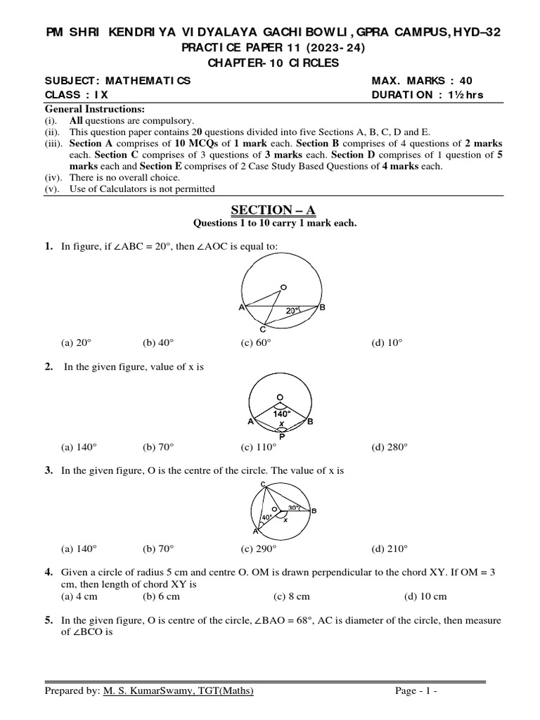 Maths Class Ix Chapter 10 Circles Practice Paper 11 | PDF | Circle ...