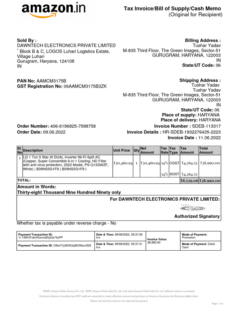 LG AC Invoice | PDF