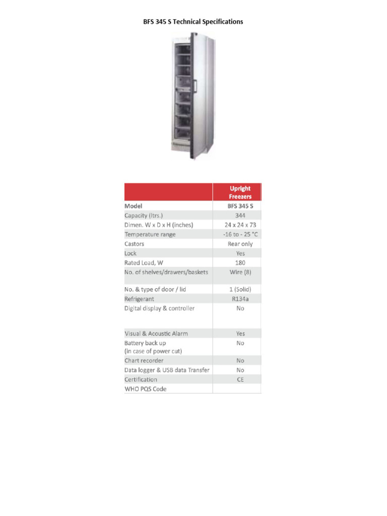 Vestfrost BFS 345 Technical Specifications | PDF
