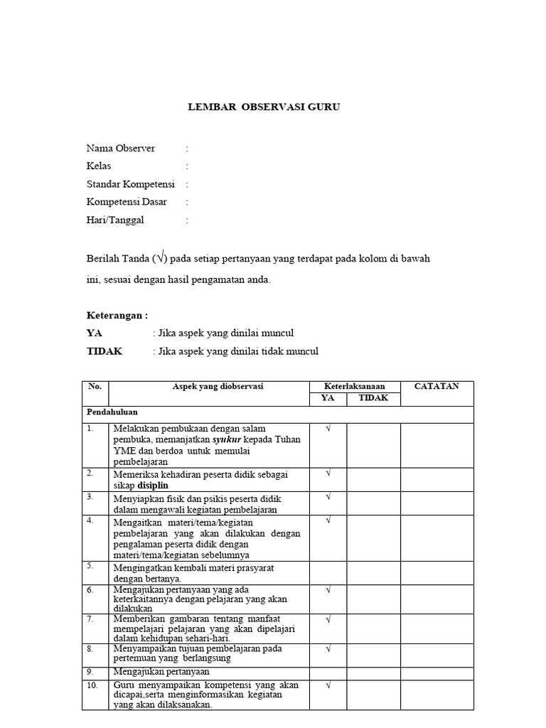 Lembar Observasi Guru Dan Survey Siswa | PDF