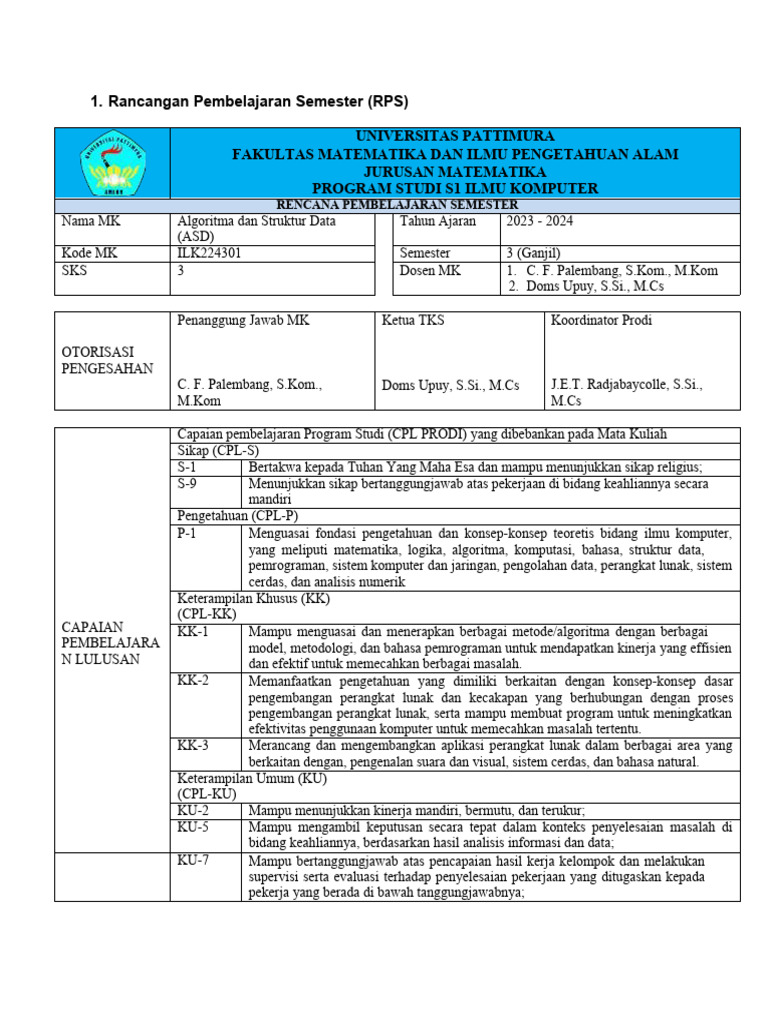 RPS Algoritma dan Struktur Data S1 | PDF