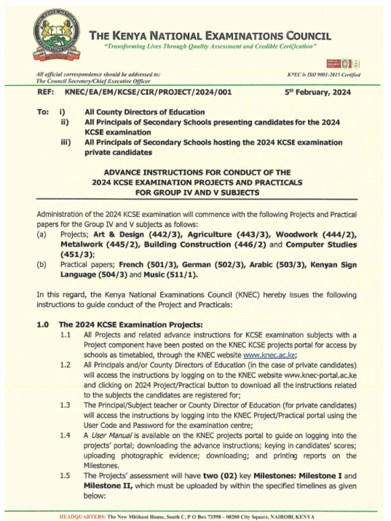 Circular-Advance Instruction For Conduct of The 2024 Kcse Examination Projects and Pract | PDF
