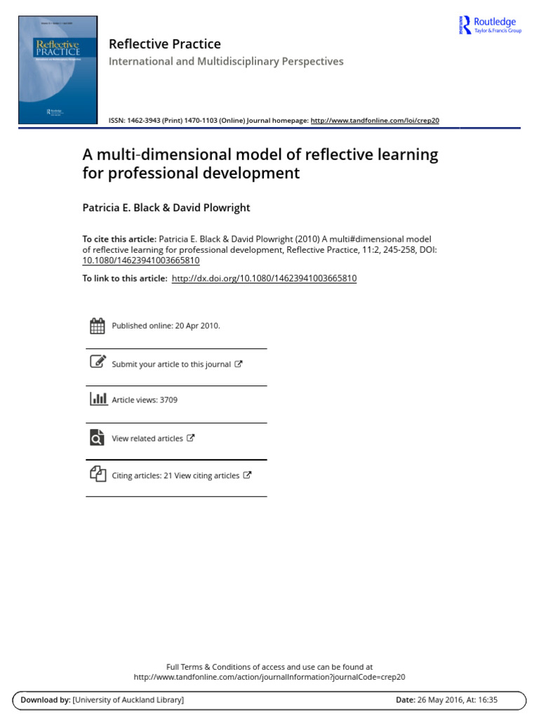 Black and Plowright 2010 A Multi Dimensional Model of Reflective Learning For Professional ...