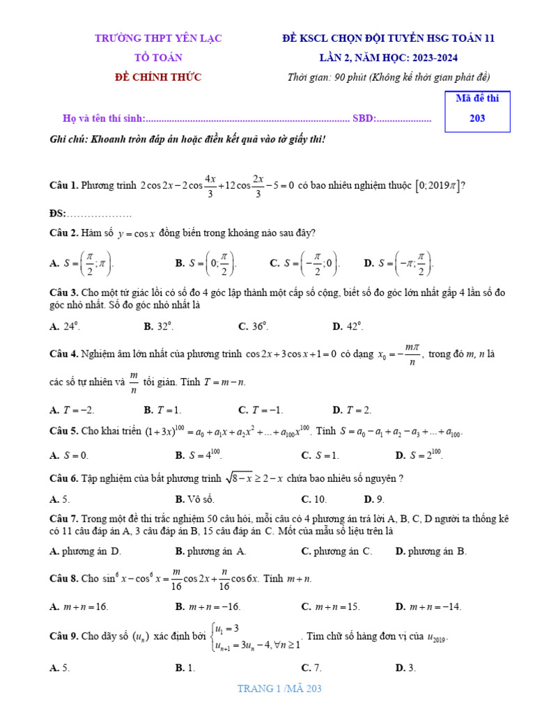De KSCL HSG Toan 11 Lan 2 Nam 2023 2024 Truong THPT Yen Lac Vinh Phuc | PDF