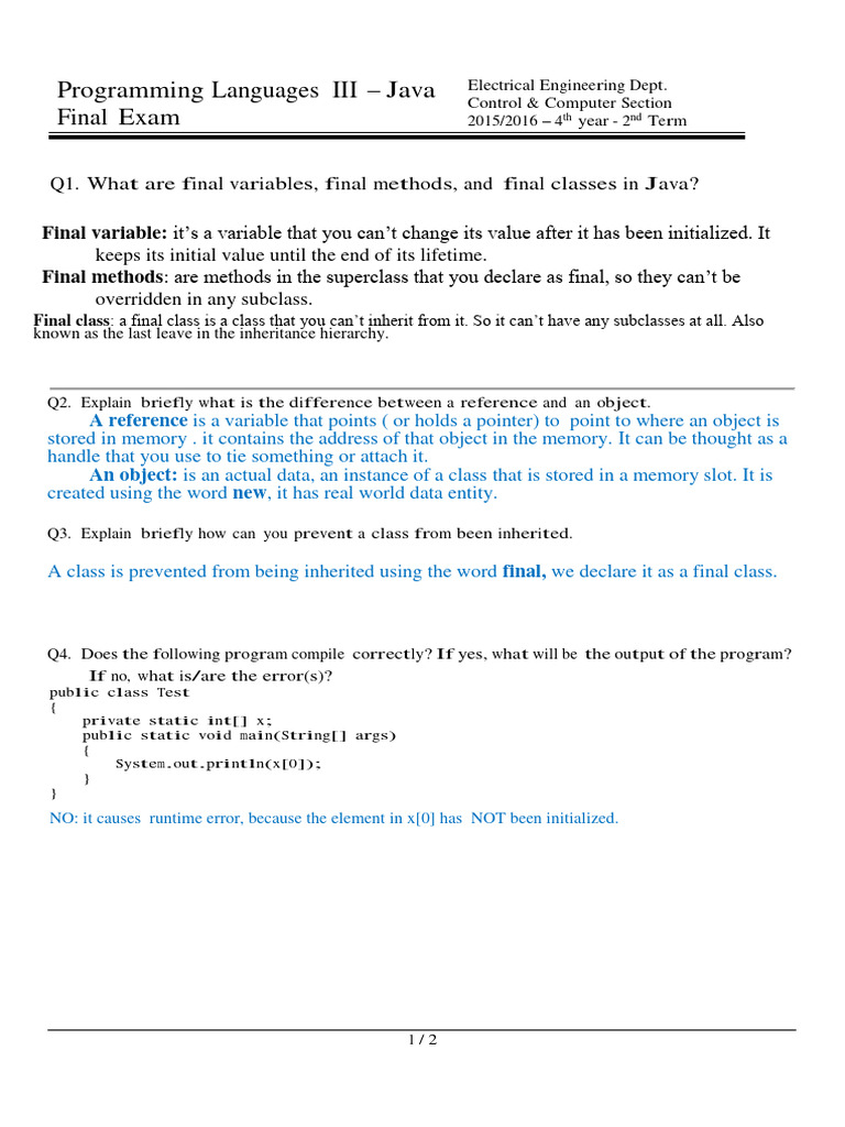 Java Final Exam 2015-2016 With Solution | PDF | Class (Computer Programming) | Method (Computer ...