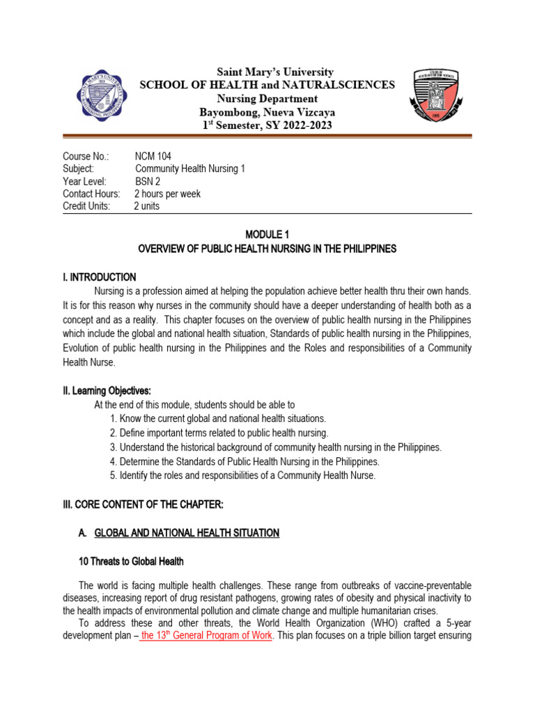 CHN 1 Module 1 | PDF | Nursing | World Health Organization