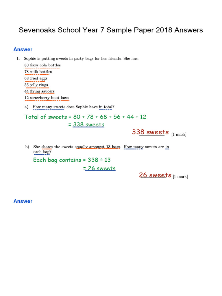 024 Sevenoaks School Year 7 Sample Paper 2018 Answers | PDF